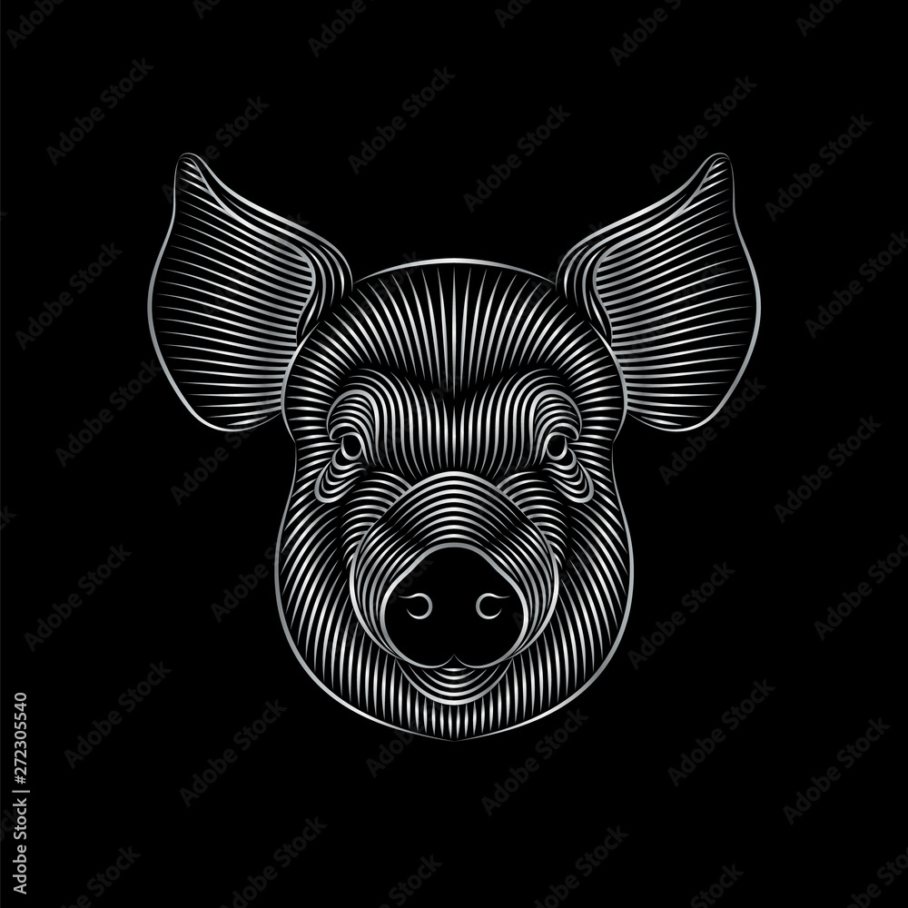 Engraving of stylized silver pig portrait on black background. Line art ...