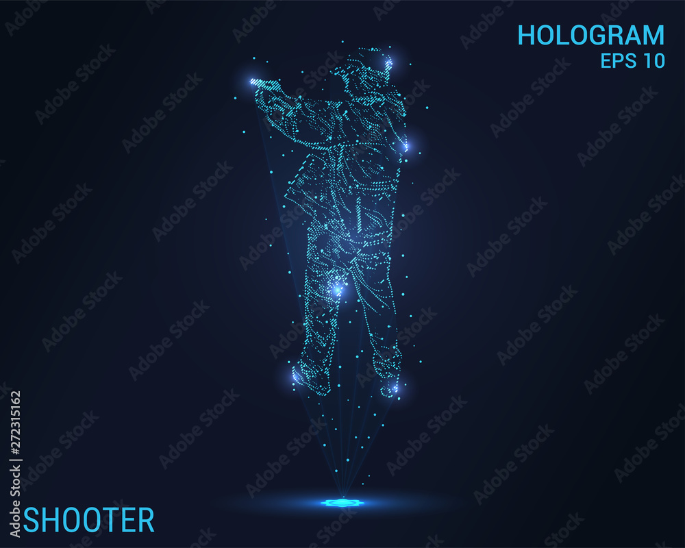 The hologram the shooter. A man shoots a gun. Flickering energy flux of ...