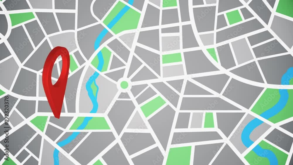 Schematic map of the city with a red pinpoint. Rotating animated map ...