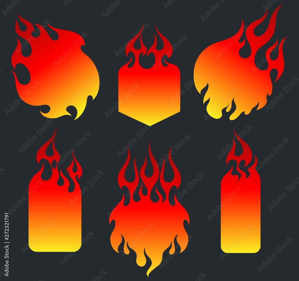 Red fire, old school flame tags set, gradient stickers backgrounds ...
