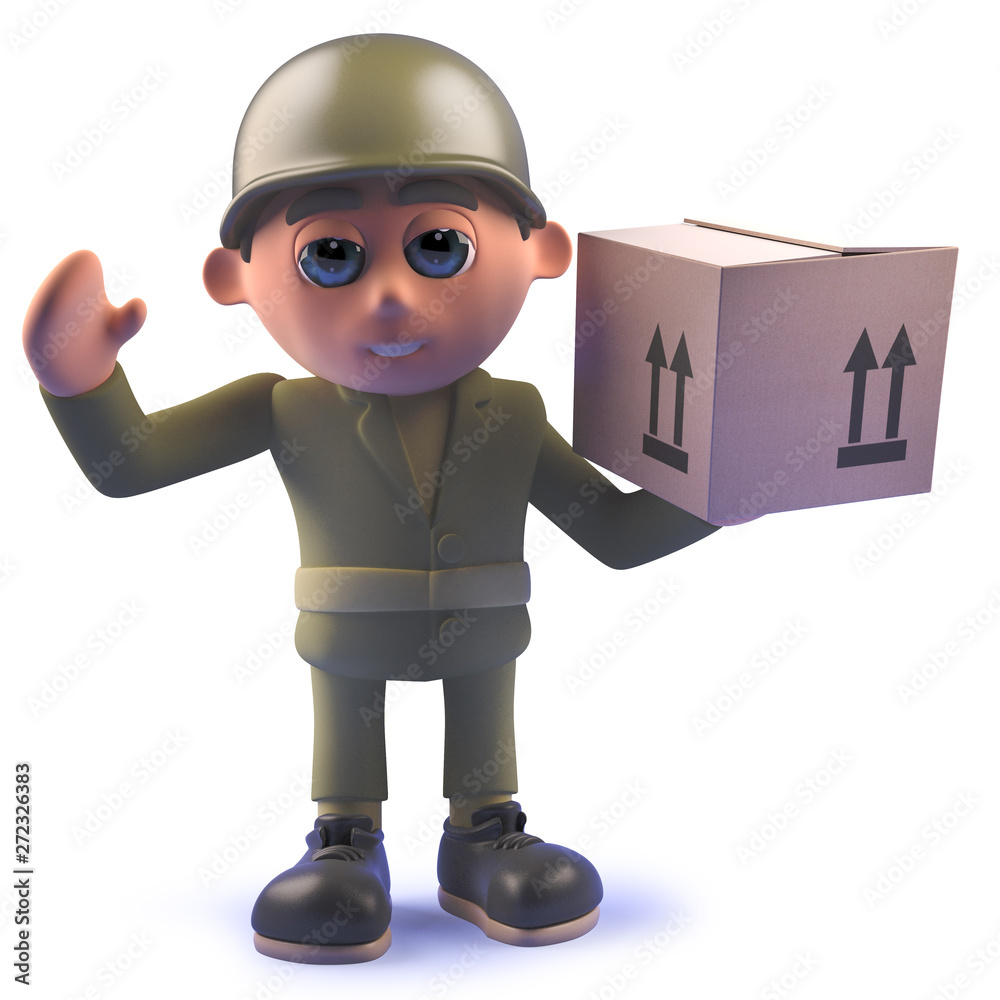 Cartoon character army soldier in 3d carrying a cardboard box parcel ...