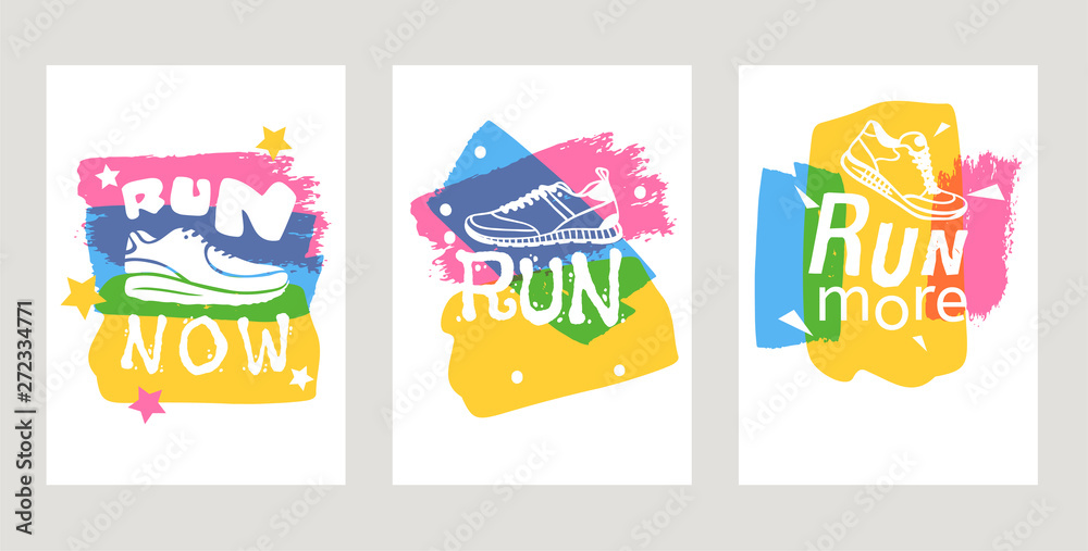 Run lettering on running shoes vector sneakers or trainers cards with ...