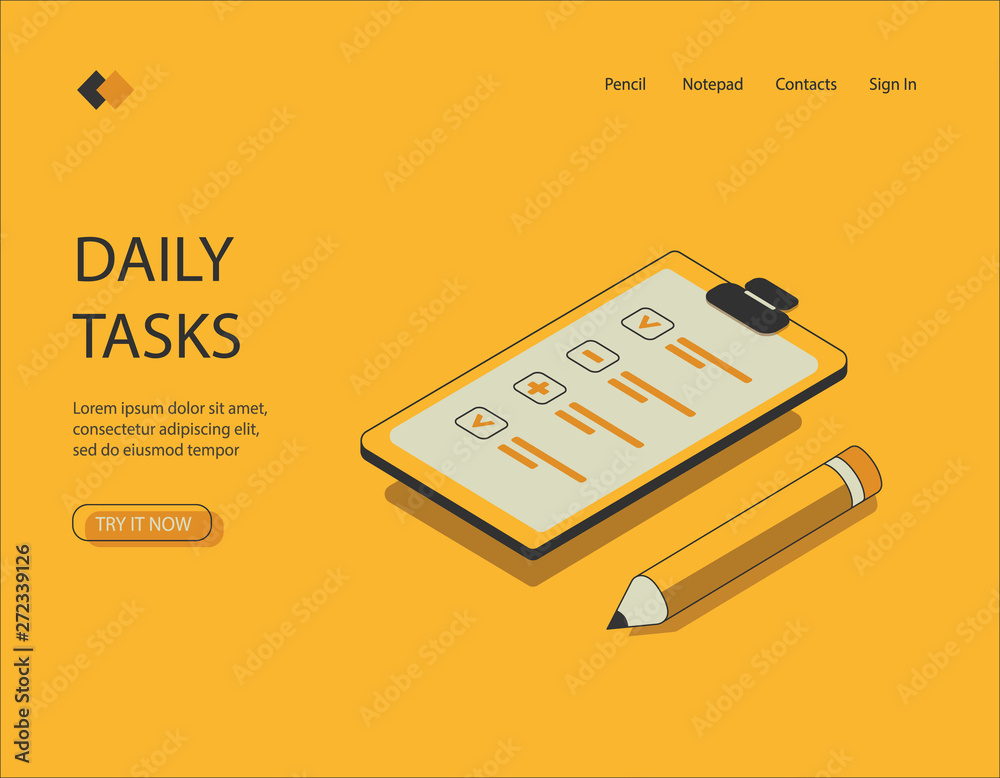 Isometric image on a yellow background of a check-sheet with a pencil ...