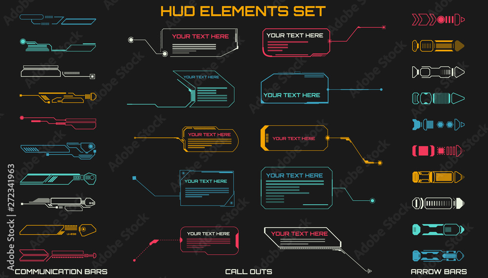 HUD Futuristic Elements Set With Call Outs Communication And Arrow Bars Include Vector. Virtual ...