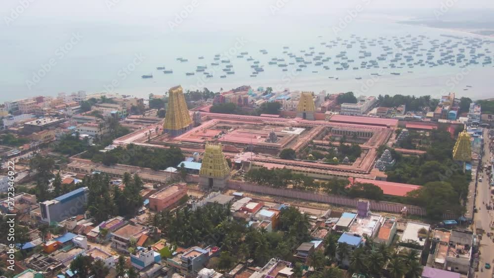 Rameswaram ancient Shiva temple, India 4k aerial skyline and ocean ...