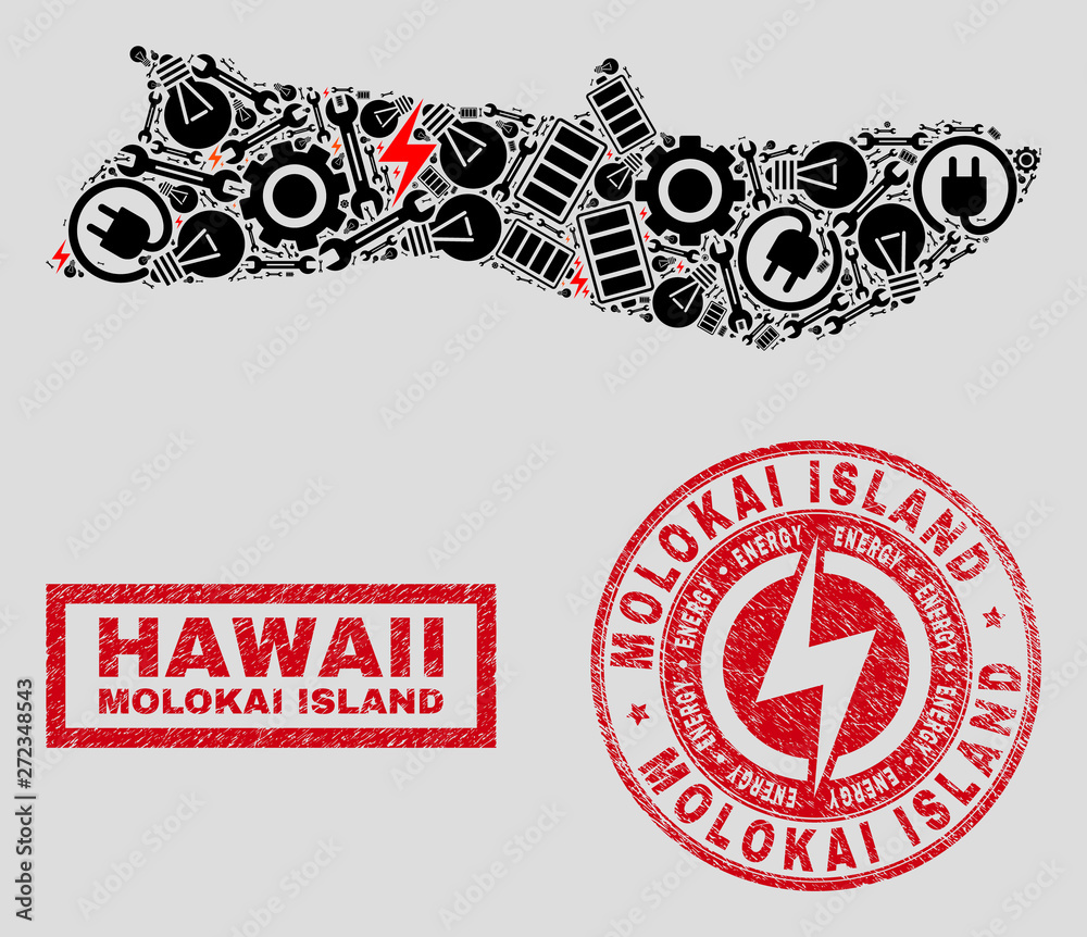 Composition of mosaic power supply Molokai Island map and grunge seals ... Composition of mosaic power supply Molokai Island map and grunge seals ...
