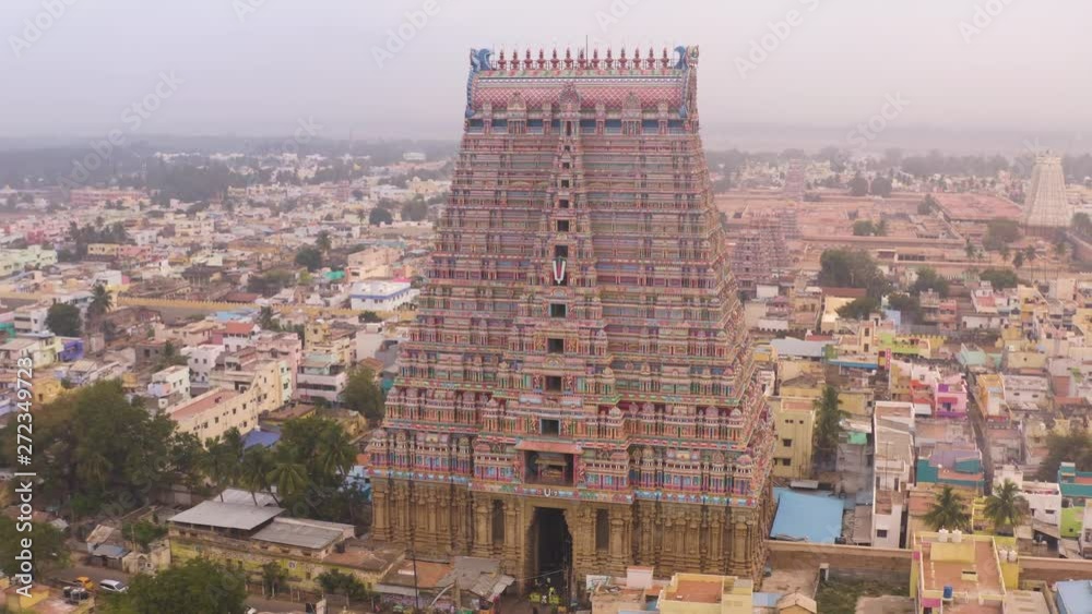 South India holy temple "Gopuram" at Srirangam Trichi, India, 4k aerial ...