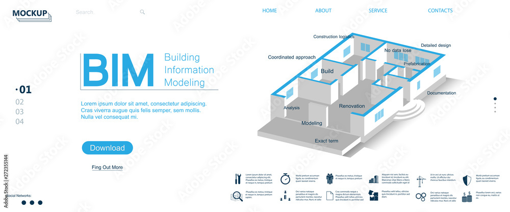 BIM banner - building information modeling. Website page with a 3d ... BIM banner - building information modeling. Website page with a 3d ...