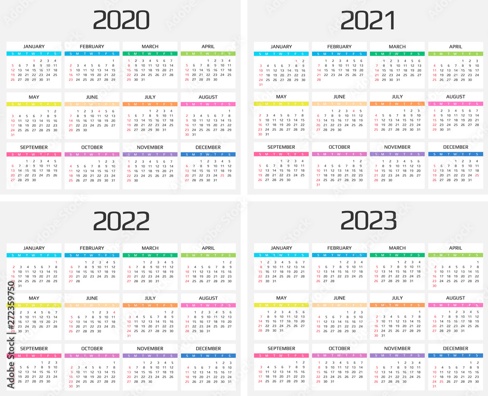 Calendar 2020, 2021, 2022, 2023 template. 12 Months. include holiday ...
