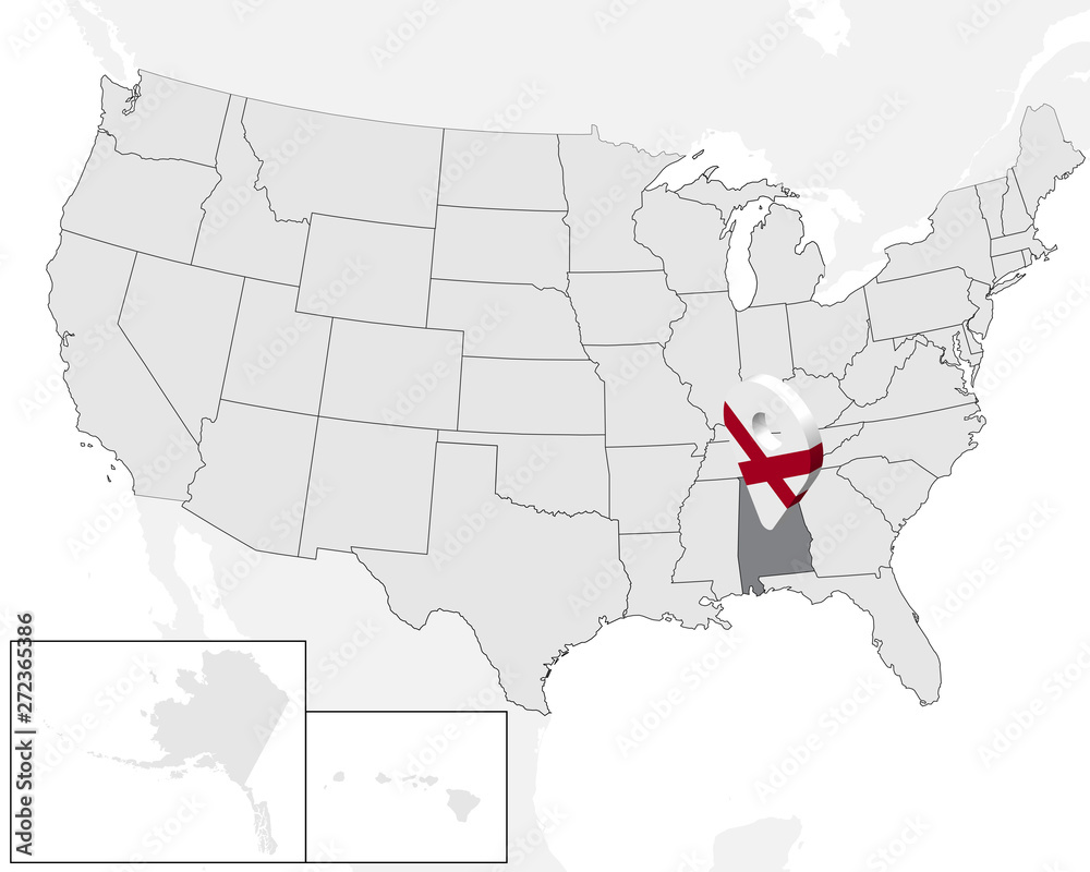 Location Map Alabama on map USA. United States of America. 3d ...