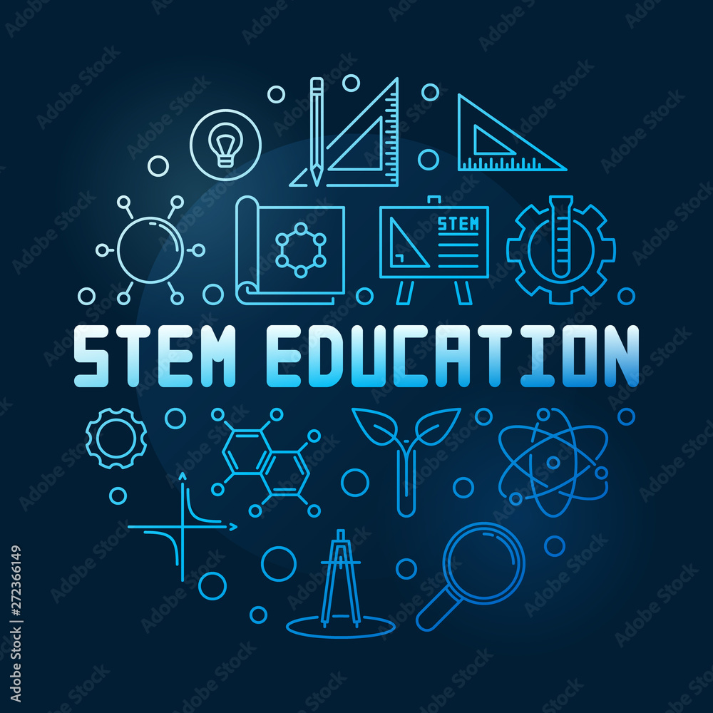 STEM Education vector concept blue linear round illustration on dark ...