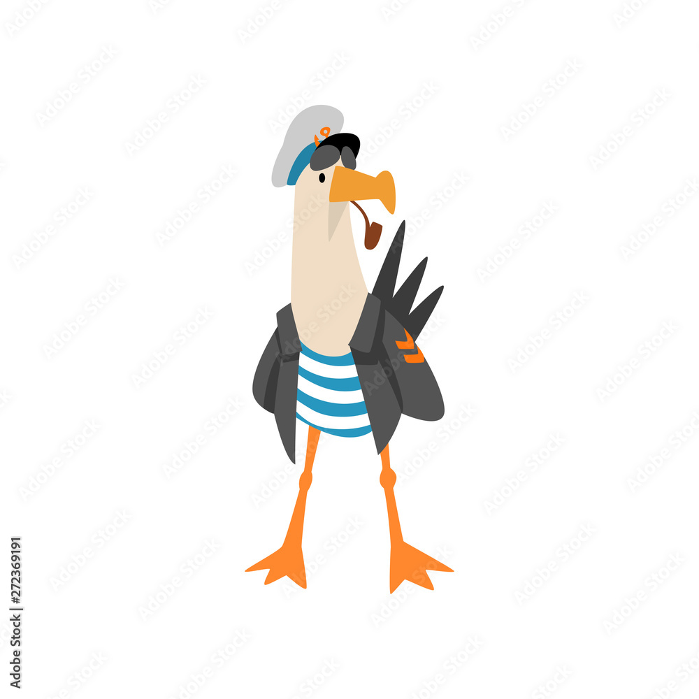 Seagull Sailor Smoking Pipe, Funny Bird Cartoon Character in Blue White ...