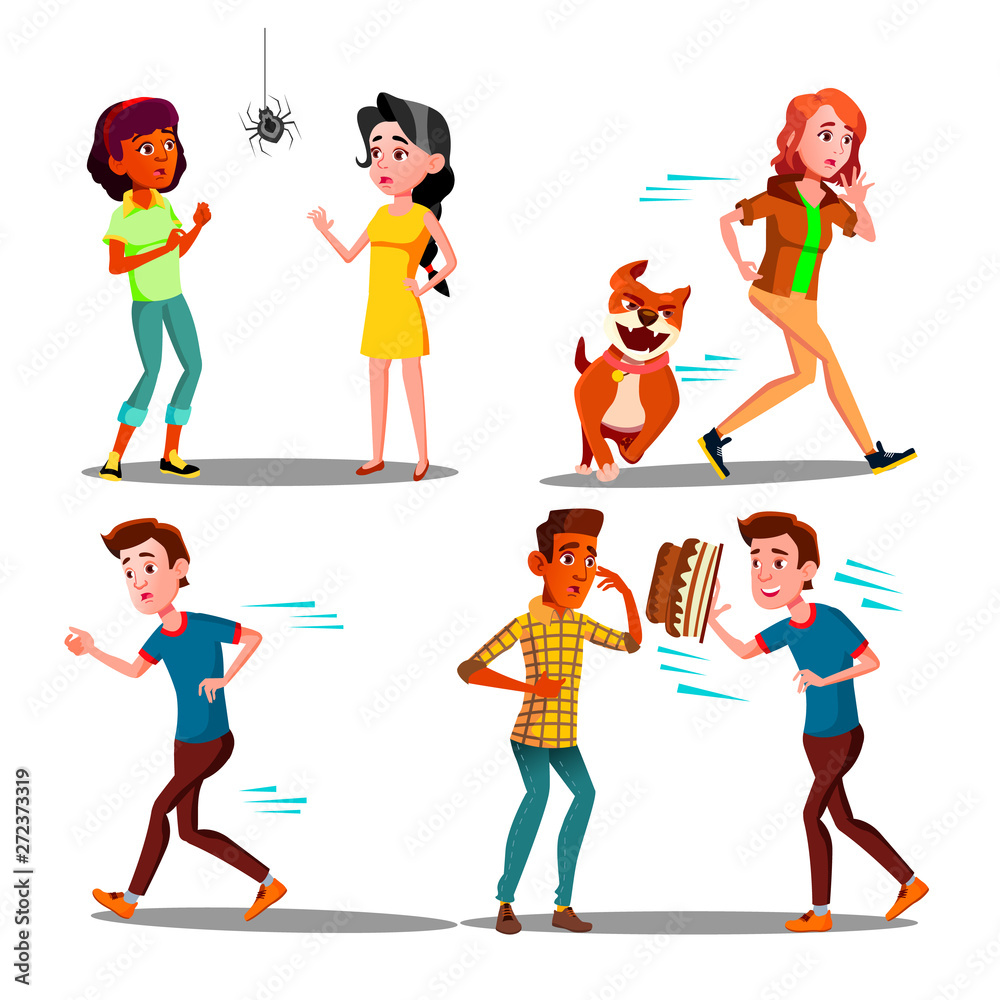 Color Design Afraid Character People Set Vector. Young Woman Afraid ...