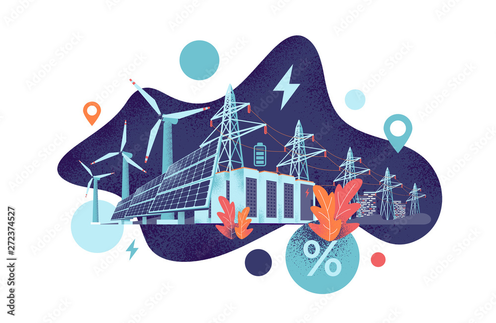 Renewable energy smart power grid system concept. Modern grain style vector illustration solar ...