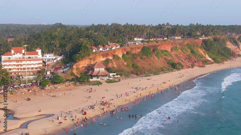 Varkala cliff beach heaven resort in Kerala, India, 4k aerial Stock ビデオ ...