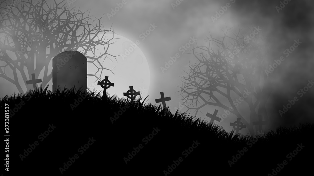 Scary and haunted cemetery on hill at night concept design background ...