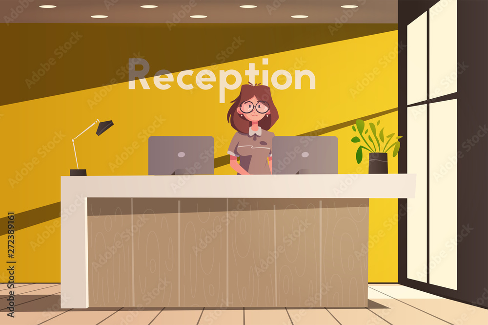 Reception desk. Hotel receptionist character. Cartoon vector ...