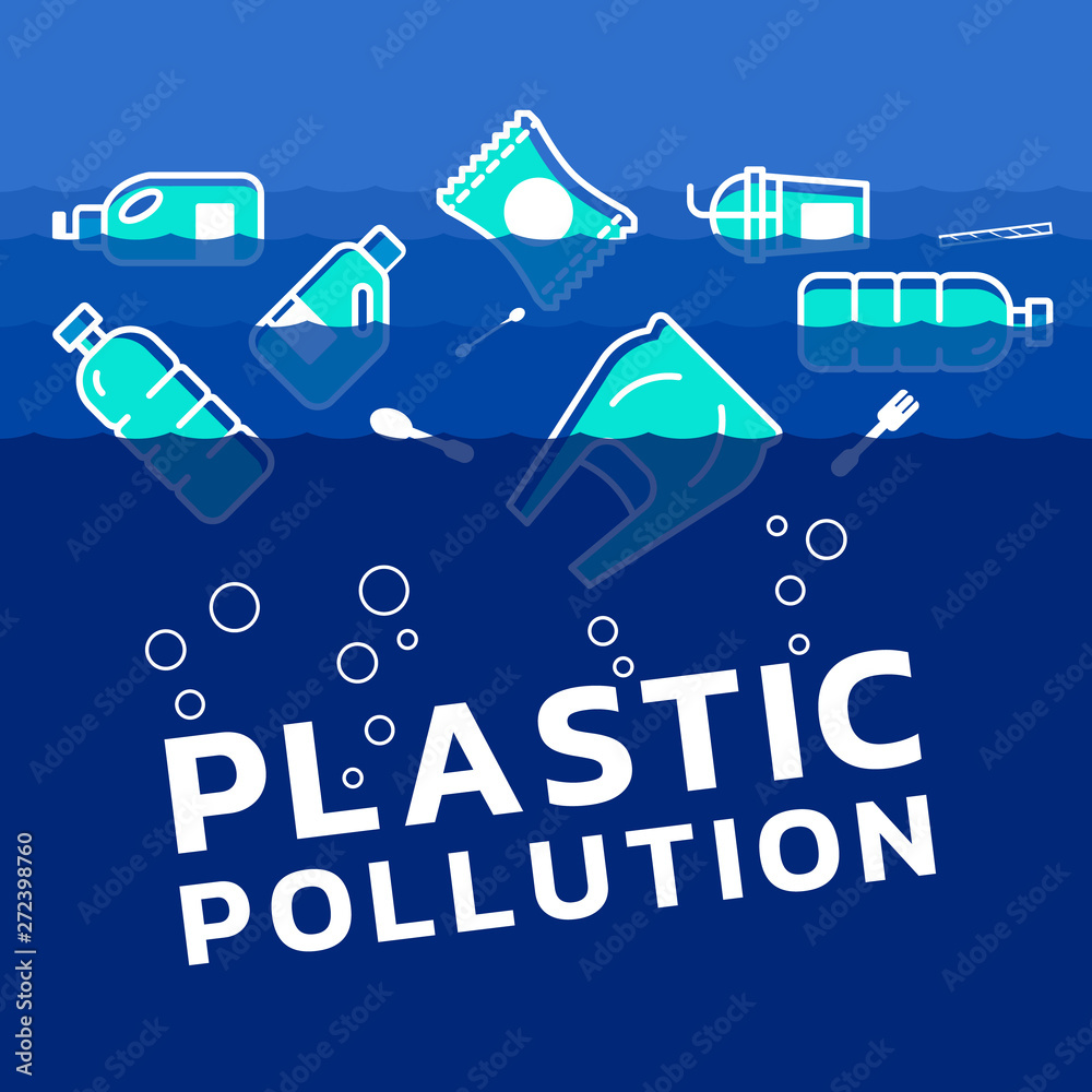 plastic pollution concept with plastics icon in water ocean vector ...