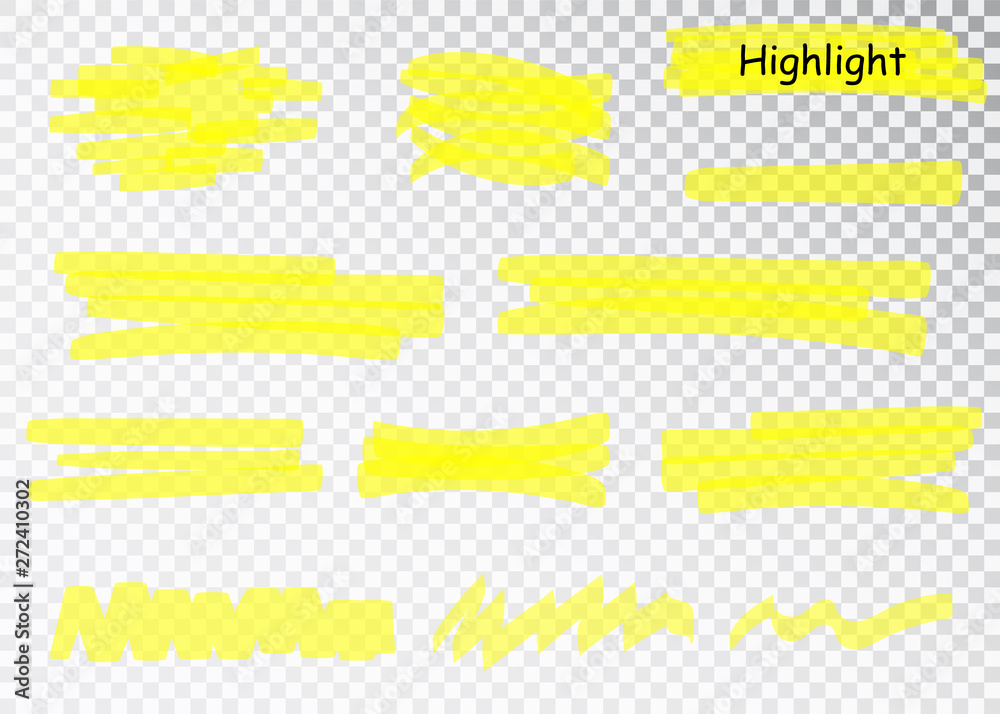 Yellow Highlighter Marker Strokes. Vector brush pen underline lines ...