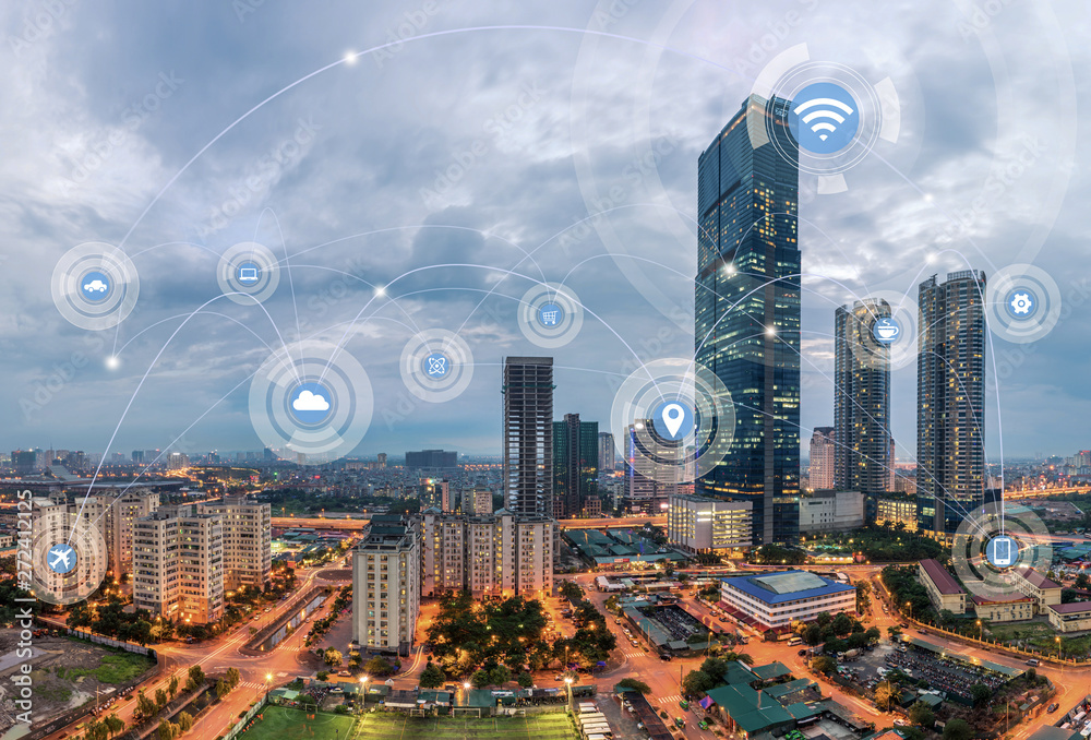 Smart city and wireless communication network concept. Digital network ...