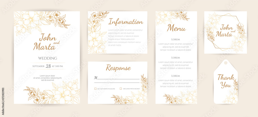 Wedding Invitation with Gold Flowers and gold geometric line design ...