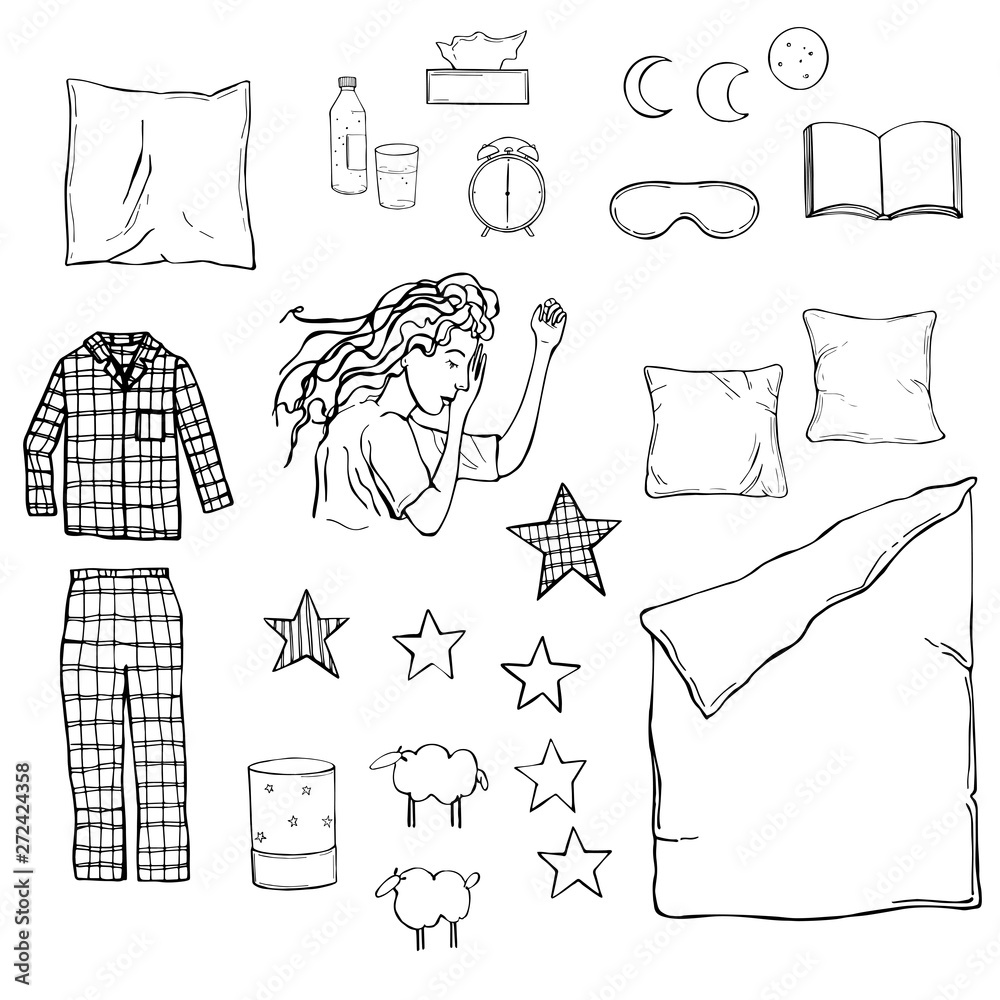 Hand drawn sleep set. Bed, sleeping girl, pajamas, alarm clock.Vector ...