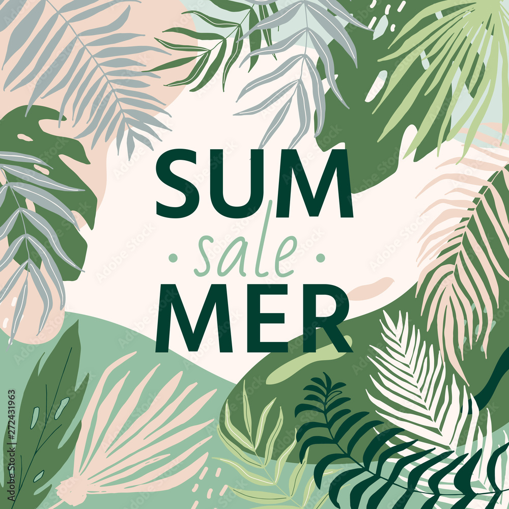 Vetor de Sale banner with tropical leaves, poster with palm tree ...