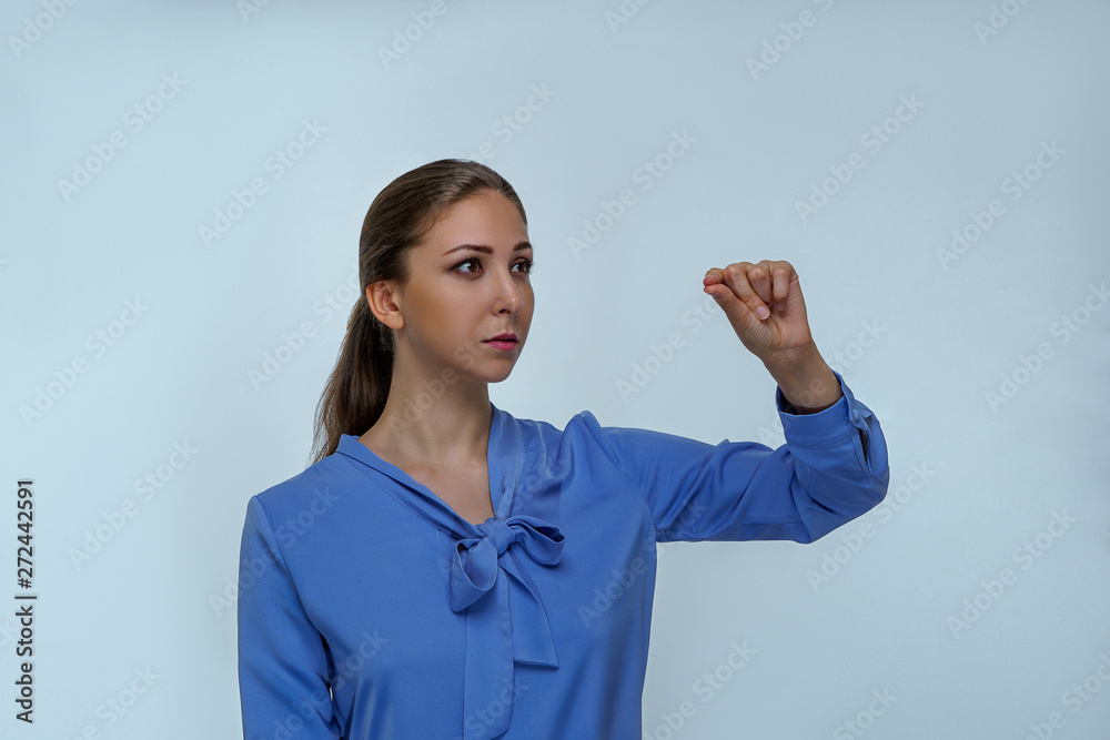 Business woman works with modern virtual technology in the air, gesture ...