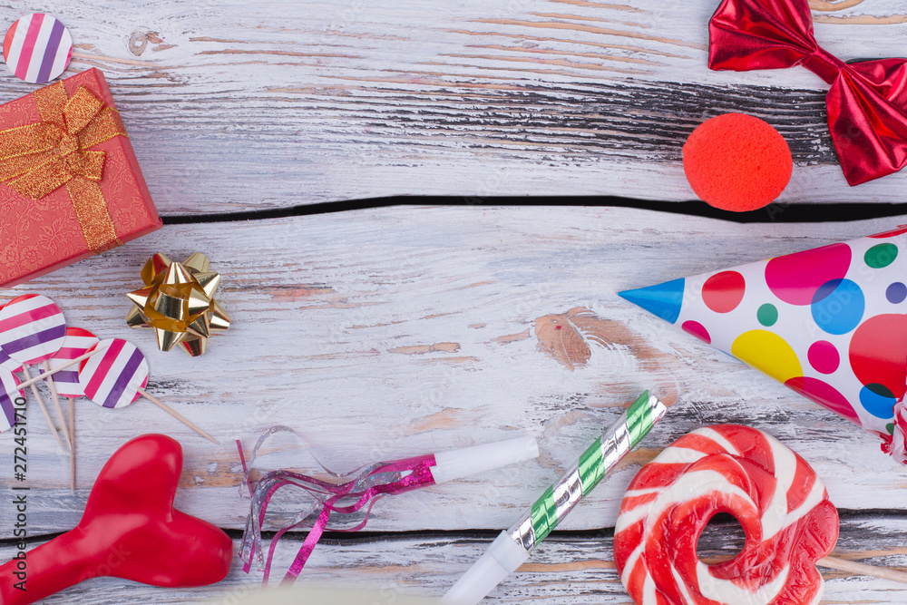 Birthday party items and accessories. Frame from decorative party items ...