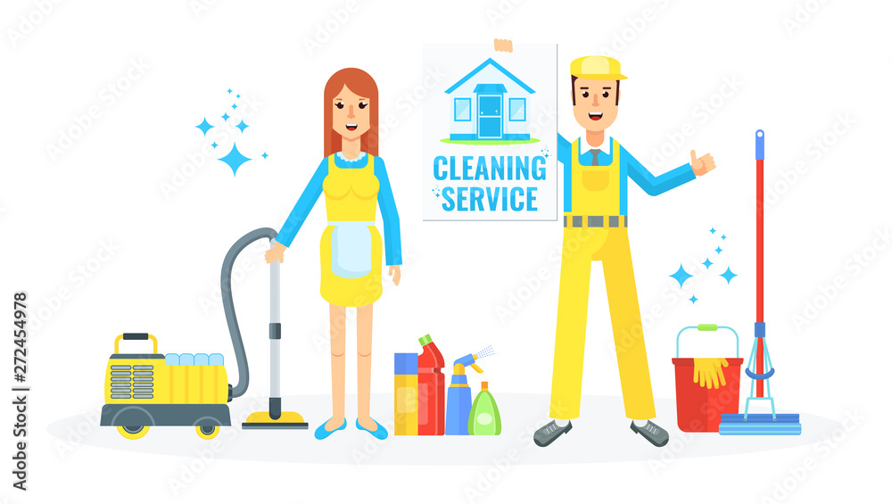 Cleaning service staff team. Vector flat cartoon character. Stock ...