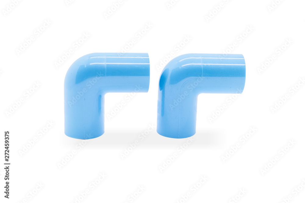 PVC blue pipe elbow 90 degree connect fitting isolated white background ...
