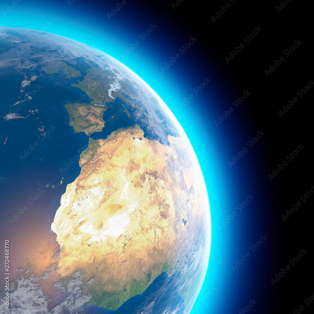 Physical map of the world, satellite view of Europe and North Africa ...