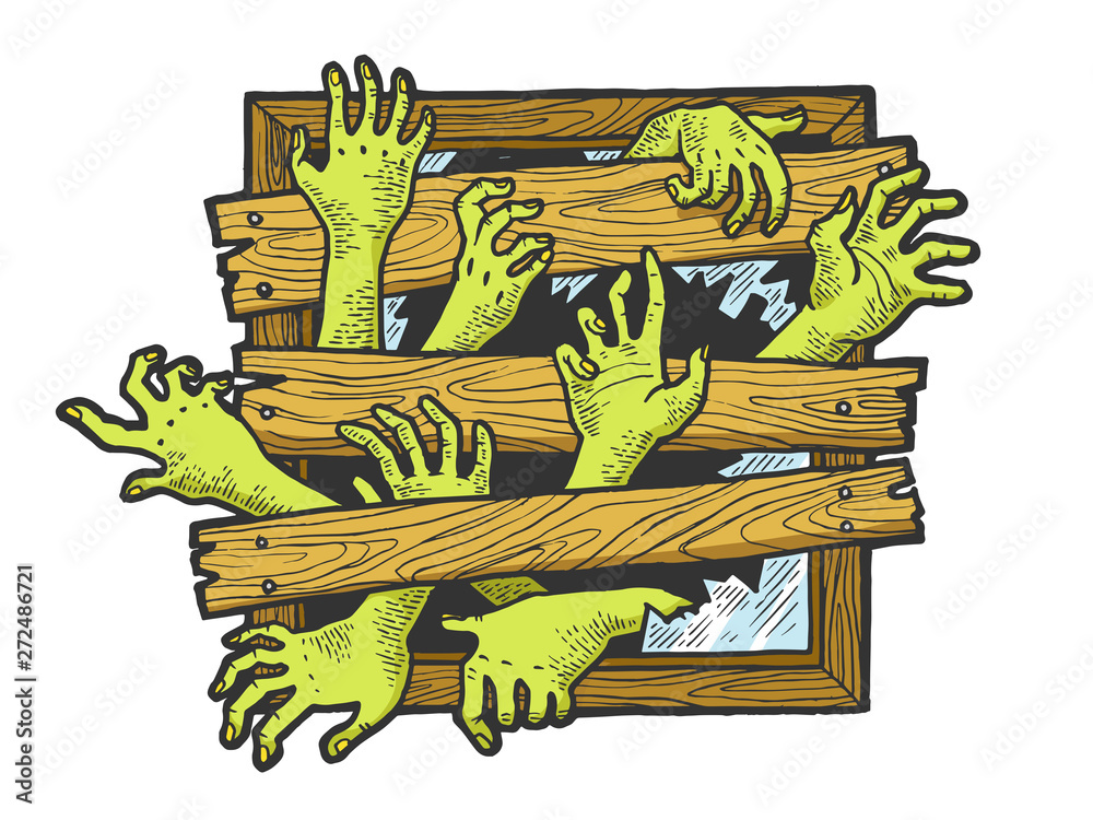 Zombie hands are trying to get through boarded window sketch engraving ...