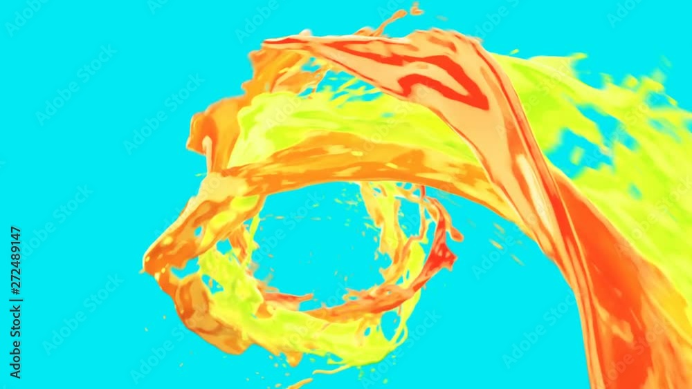Abstract bright colorful liquid vortex flow with splashes slow motion ...