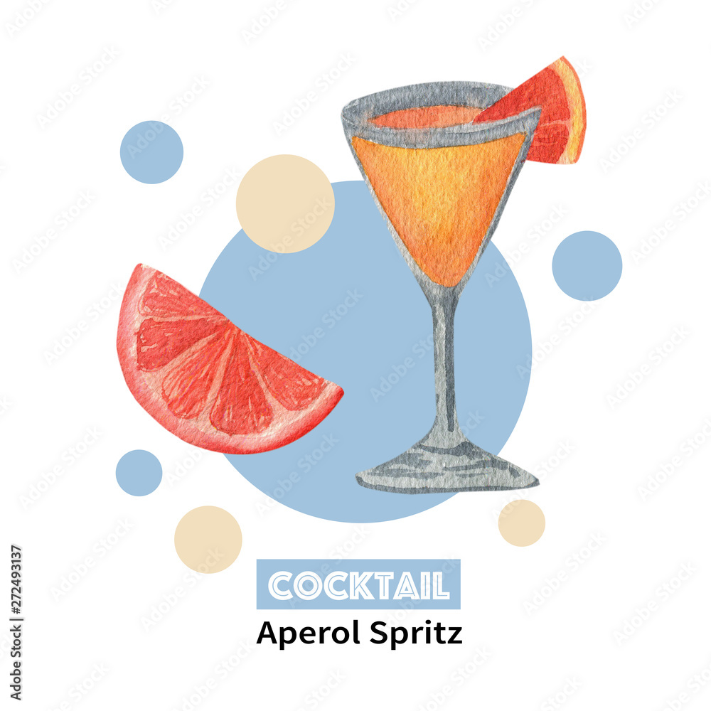 Watercolor layouts of alcohol cocktails Aperol Spritz with decoration ...