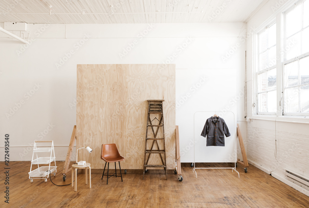 bright white photo studio with props and backdrop walls Stock Photo ...