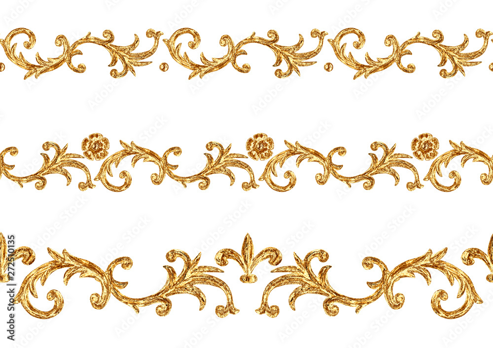 Baroque style golden ornamental segments seamless pattern. Hand drawn ...