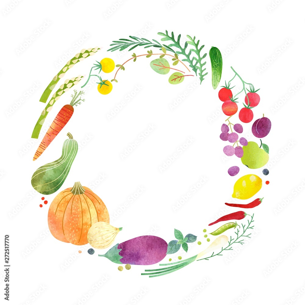 Circle frame with organic food of vegetables, fruit and greenery ...