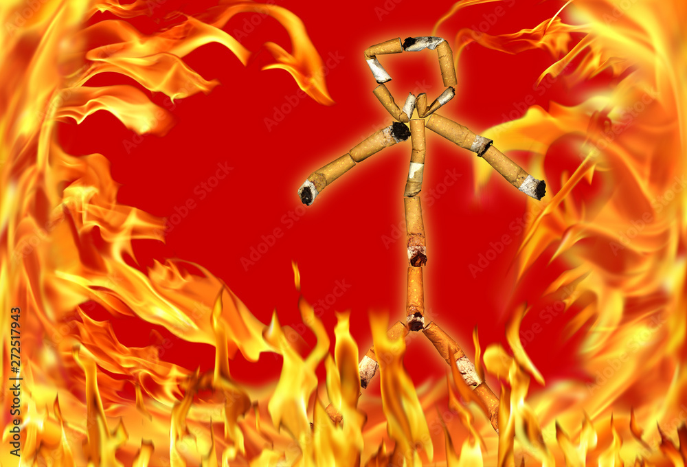 conceptual stick man of cigarette butts burning in fire flames Stock ...