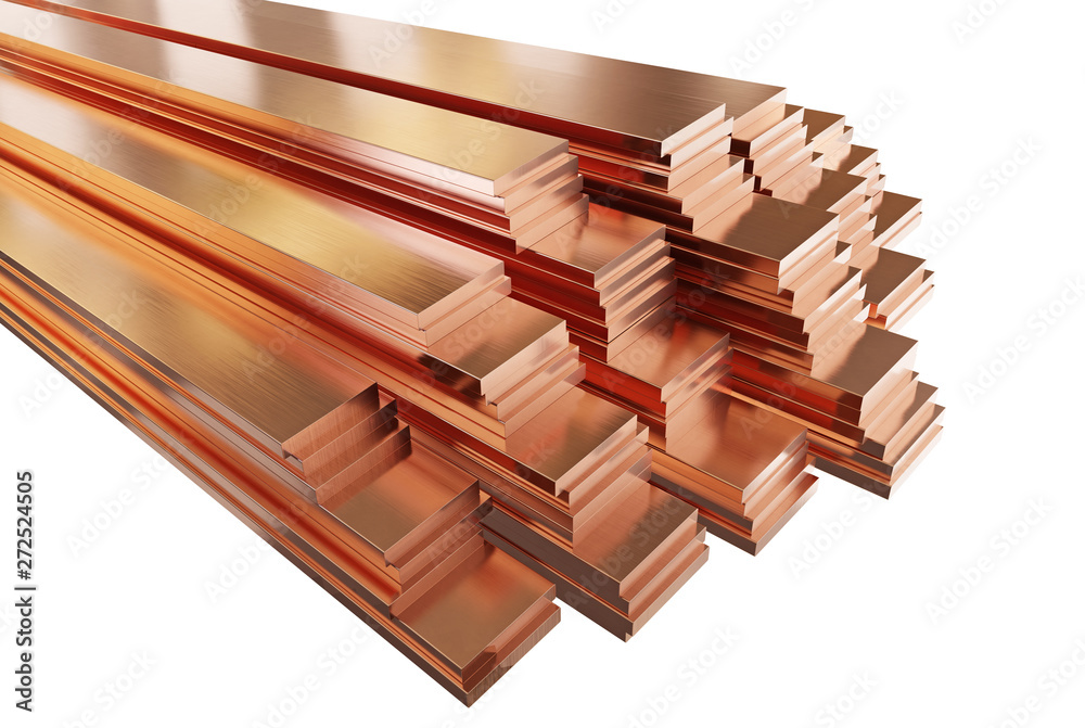 Stack of copper flat bars, rolled metal product. Clipping path included ...