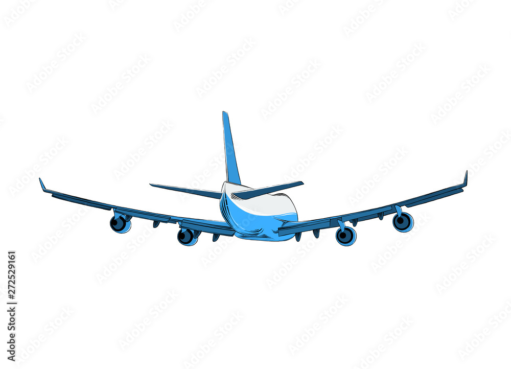 Vector drawing of airplane in blue color, isolated on white background ...
