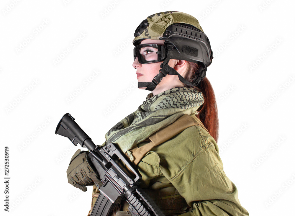 Side view portrait of young fully equipped military soldier woman ...