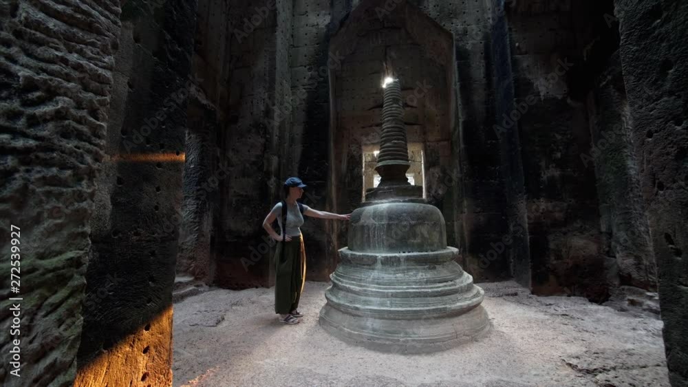 Sliding view of caucasian woman with backpack exploring and touching ...