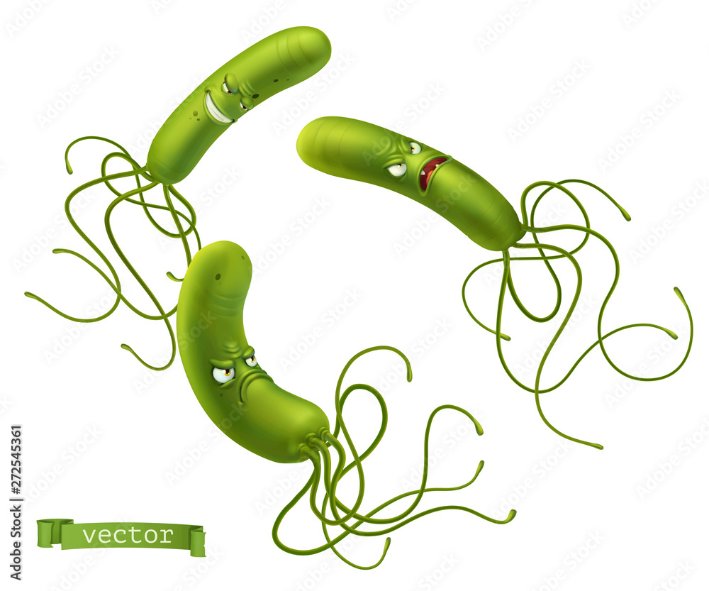 Helicobacter pylori bacteria. Green funny monsters, cartoon characters ...