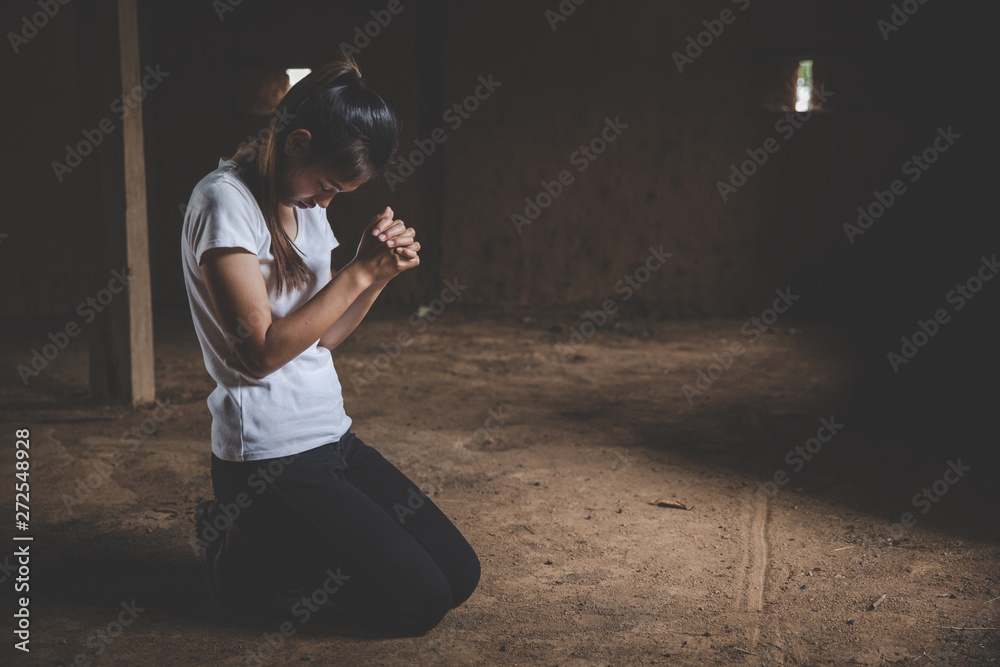 young human hands praying to god, Christian Religion concept background ...