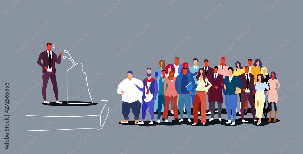 businessman candidate speaking from tribune speech in front of ...