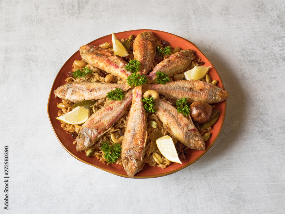 Arabian Fish Kabsa. Fish Biryani. Top view. Stock Photo | Adobe Stock