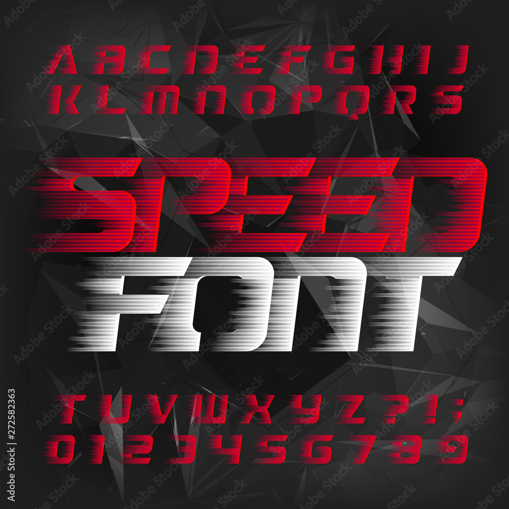 Speed alphabet font. Wind effect futuristic type letters and numbers ...