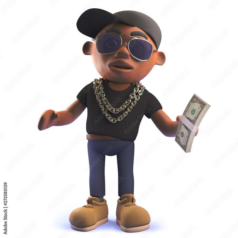 Cartoon black African American hiphop rapper in 3d holding a wad of ...