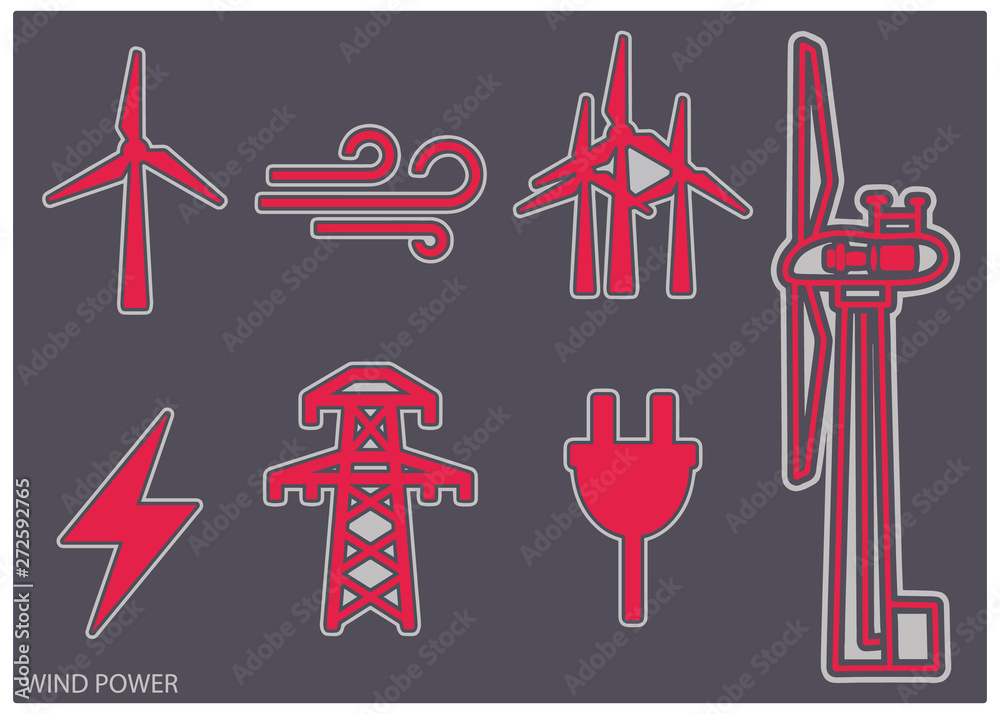 Wind power icons infographic set with wind wheel, electric plyon ...